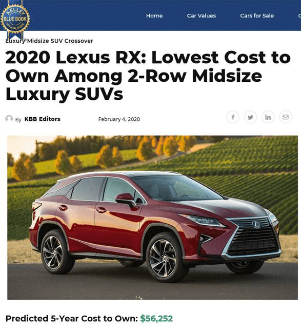 KBB: 2020 Lexus RX: Lowest Cost to Own Among 2-Row Midsize Luxury SUVs ...